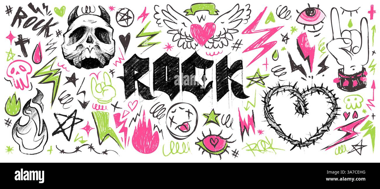 Set of punk rock style doodles - skull,heart with wings, flame and ...