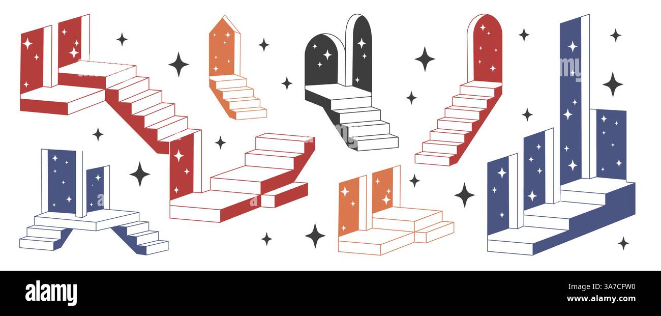 Set of impossible stairs and doorways in vintage engraving style ...