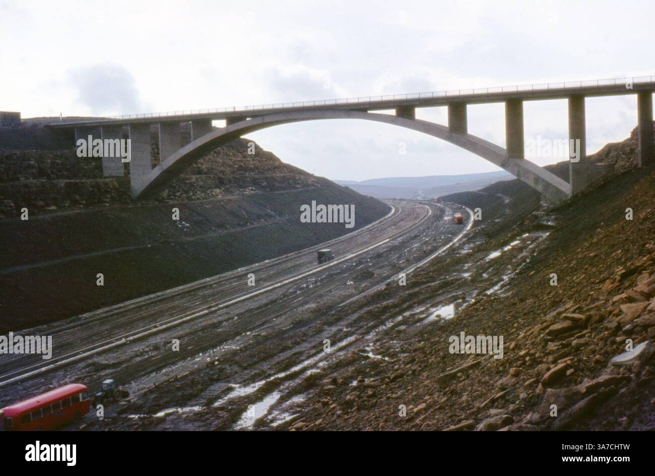 This 1969 photograph shows the construction of Scammonden Bridge, a ...