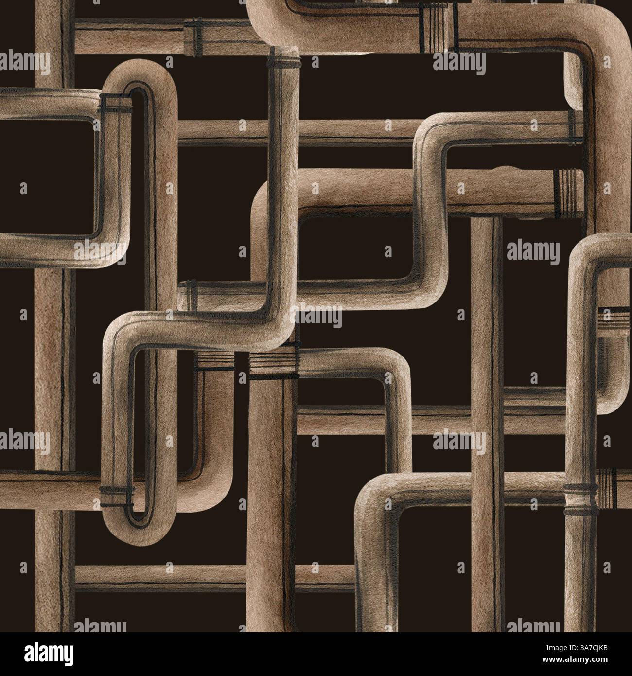 Interlocking copper pipes plumbing pipeline with connectors seamless pattern on dark background ...