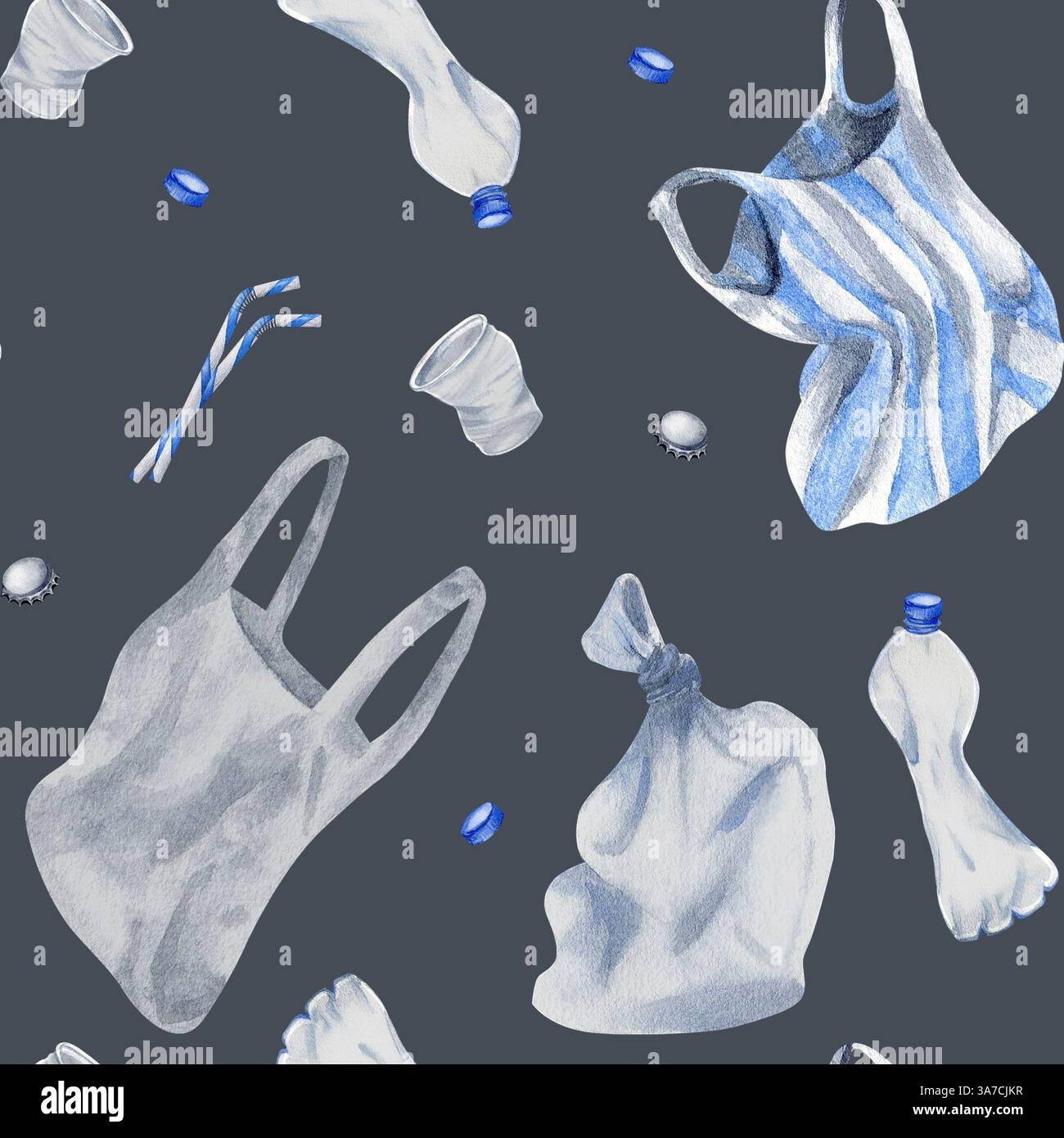 Plastic objects seamless pattern. Watercolor bottle and disposable cups ...