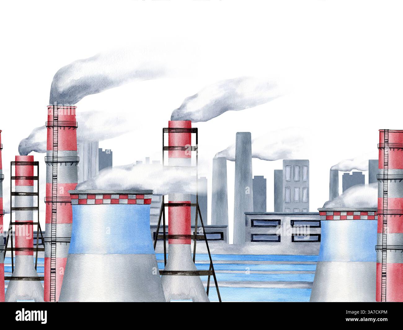 Industrial city factories watercolor seamless border isolated on white ...