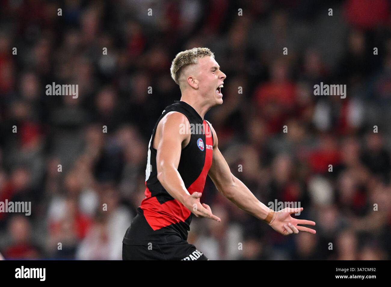 Melbourne, Australia. 27th Mar, 2025. Nate Caddy of Essendon reacts ...