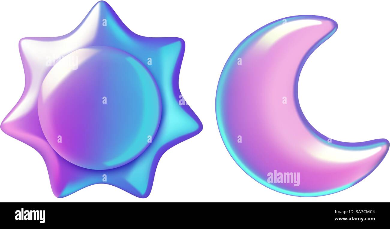 Sun day and moon night holographic 3d iridescent stickers Stock Vector ...