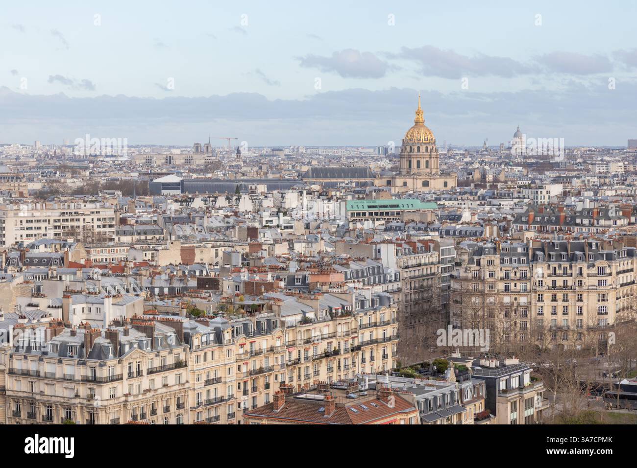 Paris city panorama with Les Invalides, the aerial view from the Eiffel tower in soft evening ...