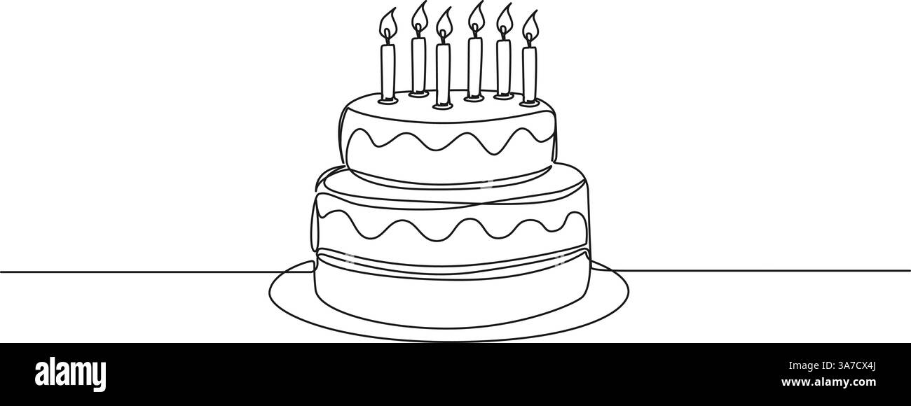 continuous single line drawing of a birthday cake with candles, line ...