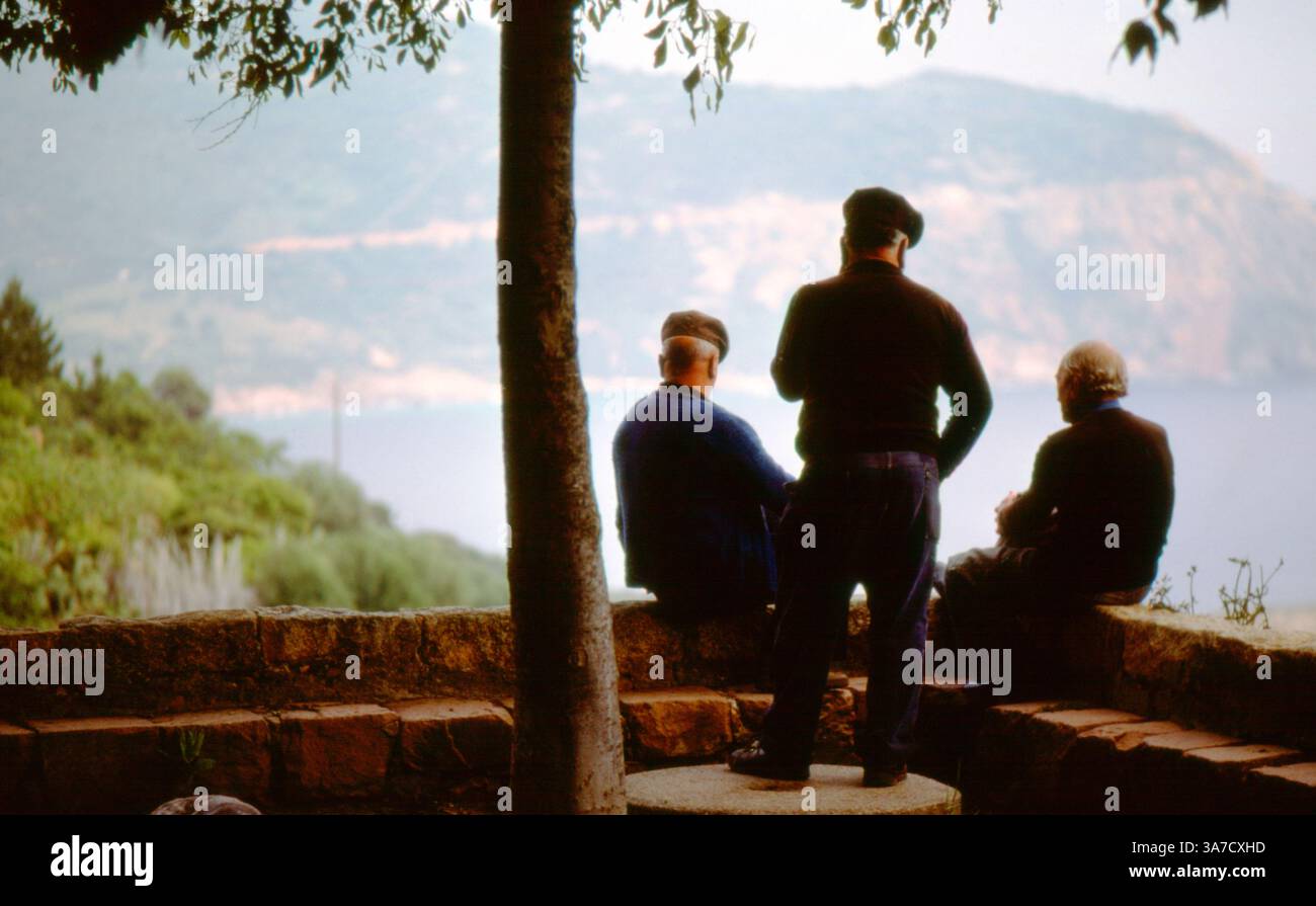 Three elderly men share a peaceful moment overlooking the sea at ...