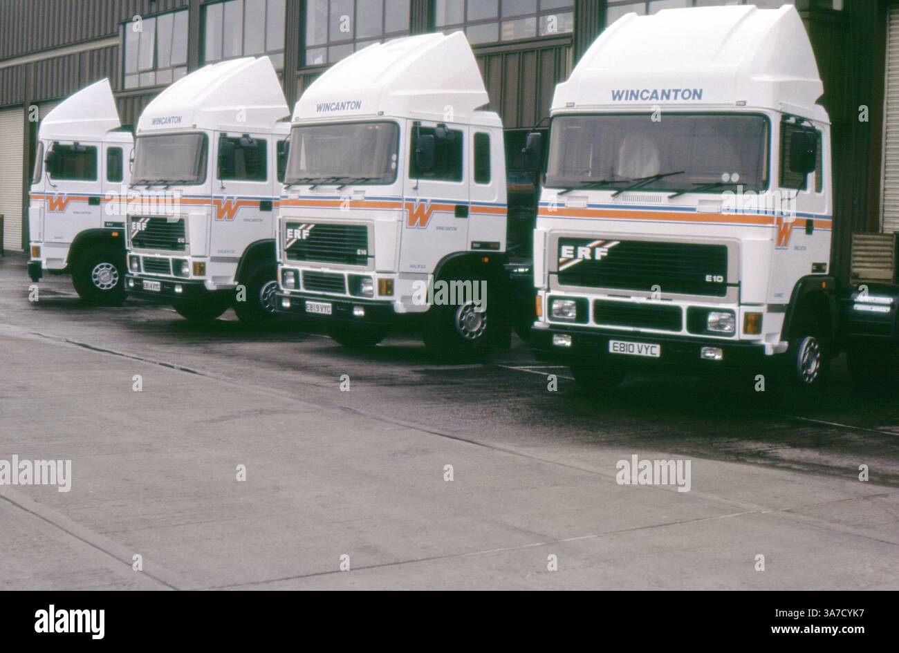 Taken in 1988 showing a line of ERF E10 trucks operated by Wincanton, a ...