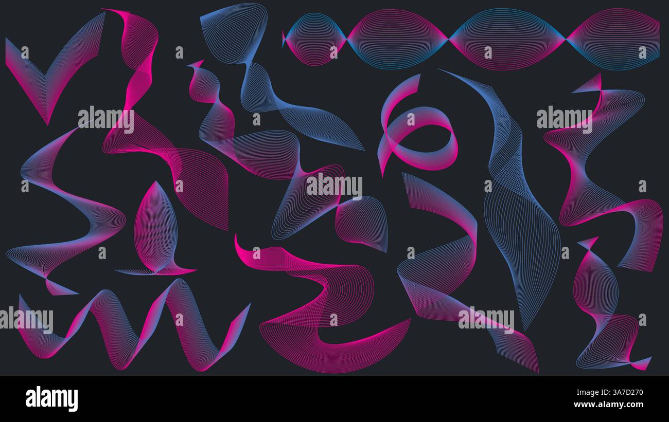 Pink and blue neon waves set. Abstract design elements, dynamic gradient shapes. Vector graphics ...