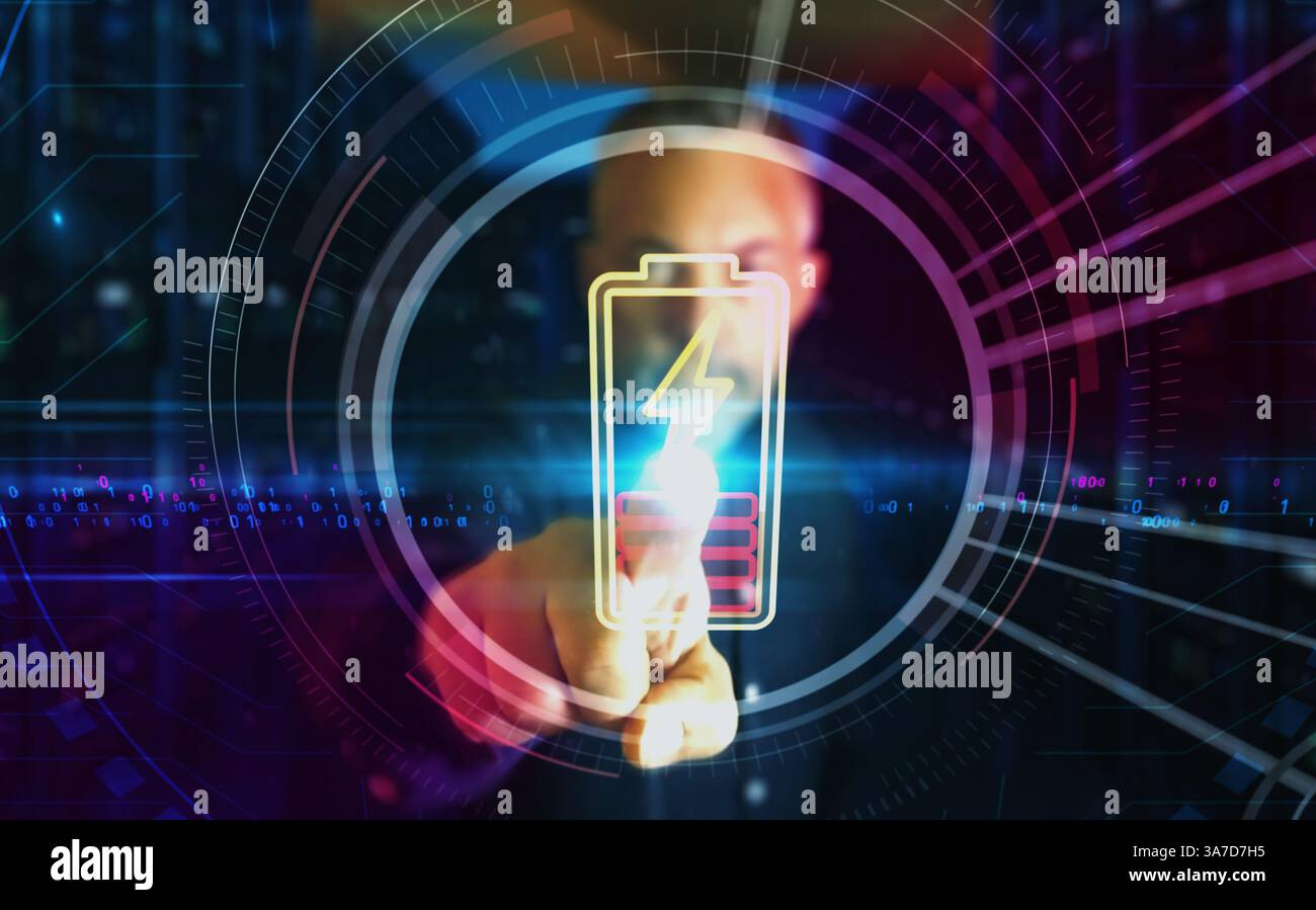 Battery charge and energy storage symbol digital concept. Network ...