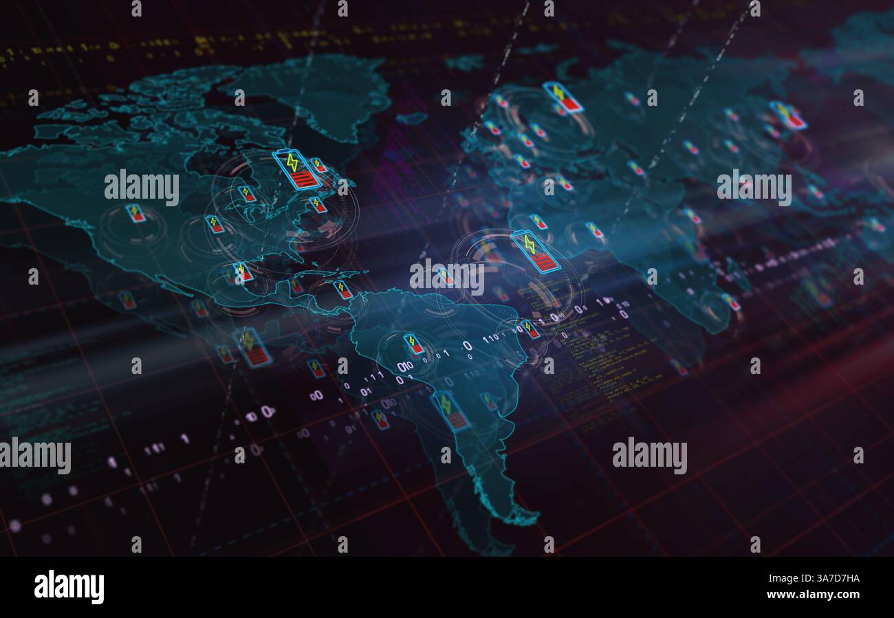 Battery charge and energy storage symbols over world map. Technology ...