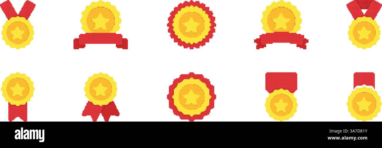 Gold Medal Pixelated Icon Set. Pixel Art Symbol Collection Of Award ...