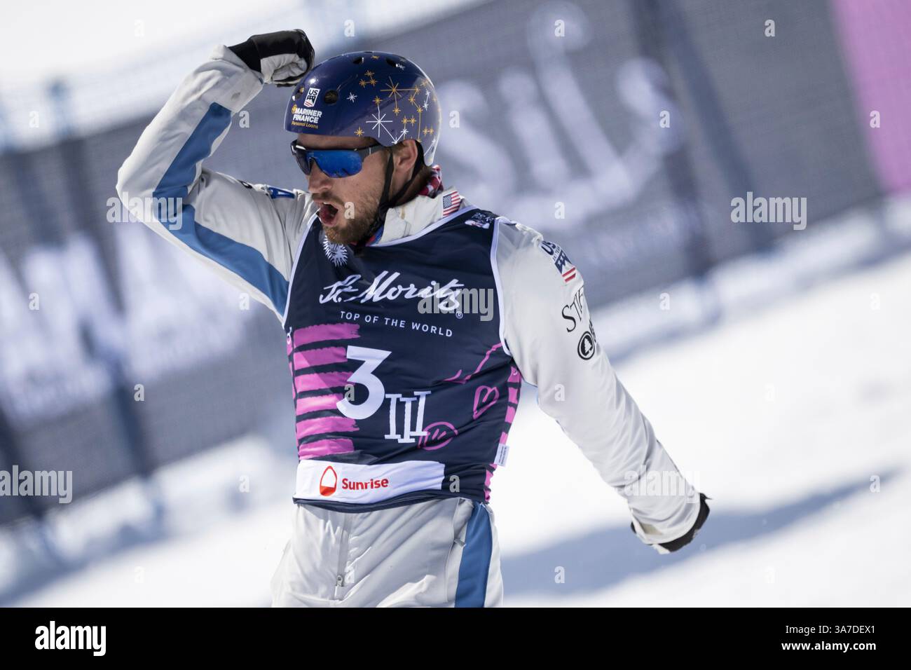 Christopher Lillis of USA reacts in the finish area during the Aerials ...