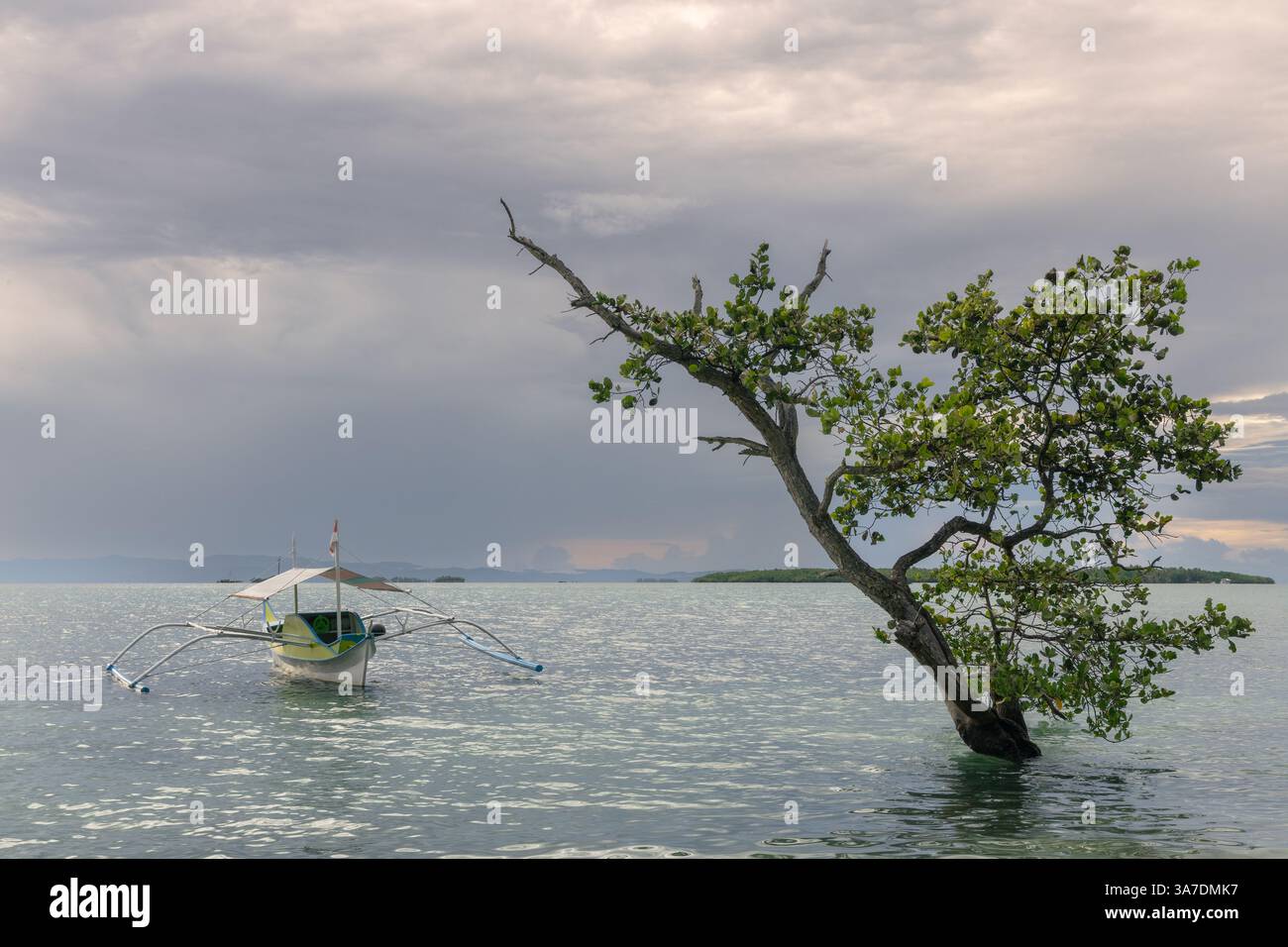 Traditional fishermen boat at the coast of a tropical island next to ...