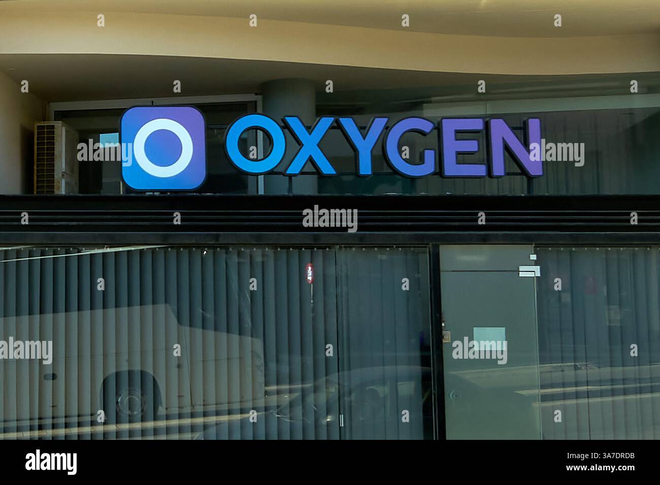 Crete.Greece - March 27, 2025: Modern building exterior featuring large ...