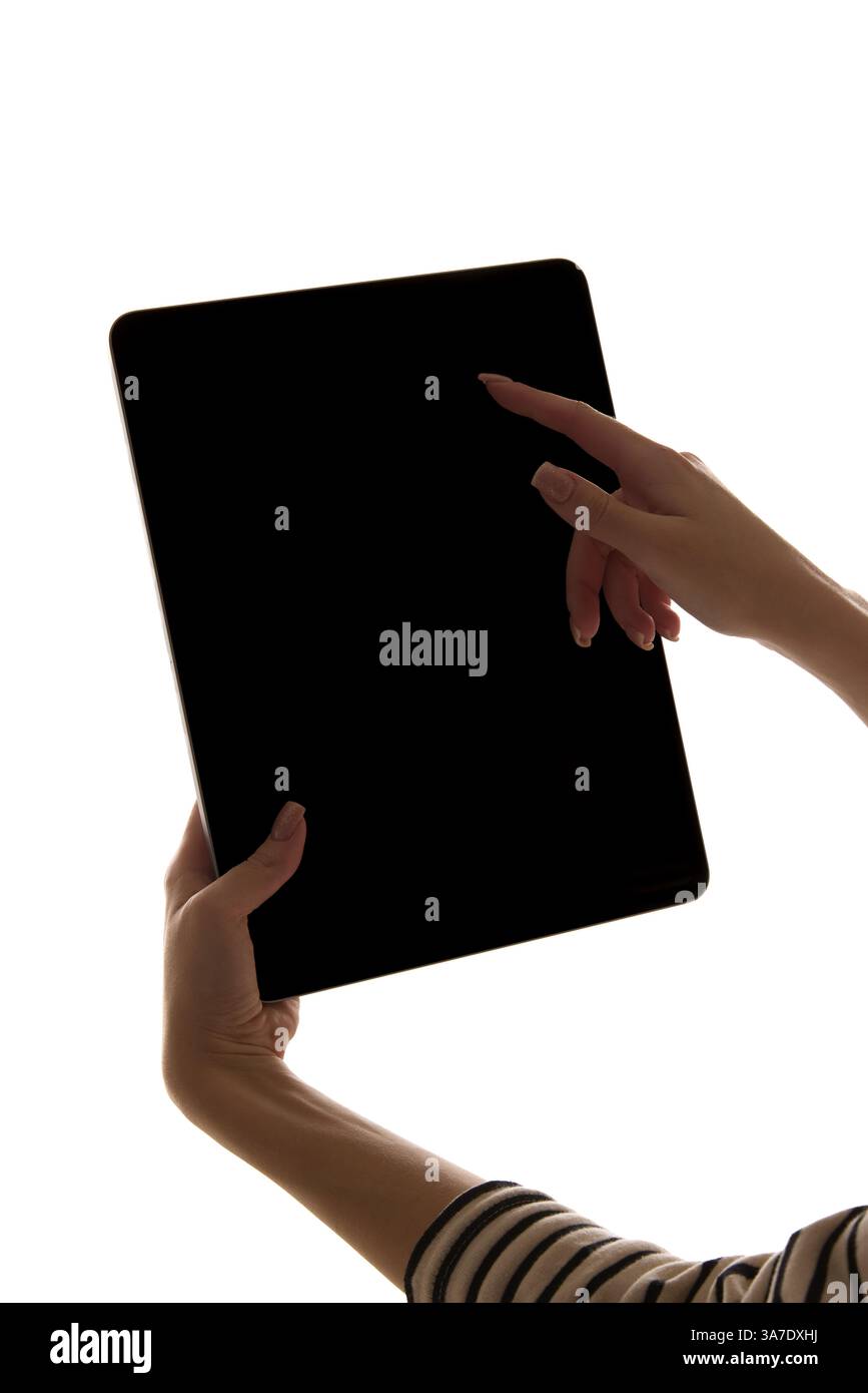 Woman pointing on tablet screen against white background. Mockup Stock ...