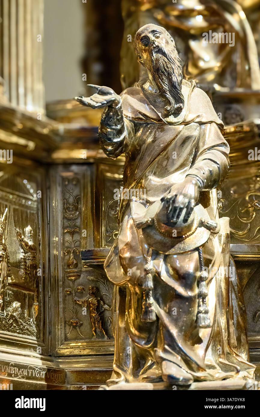 Antique metal sculpture of a religious saint decorating the interior of ...