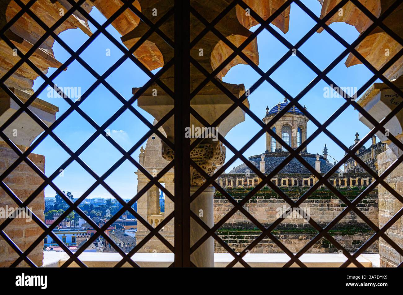 Metal security bars on a window of the Seville Cathedral, with ancient ...