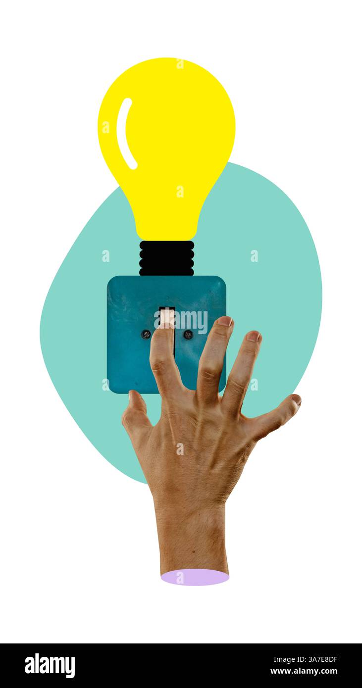 Hand flipping lightbulb switch, triggering new idea, innovation moment ...