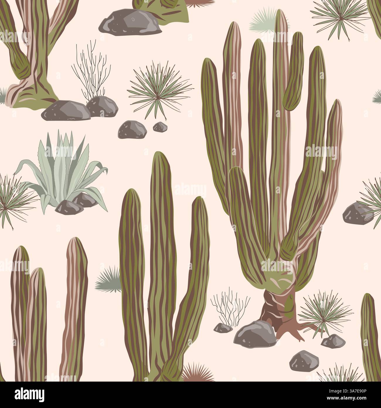 Old and tall Mexican giant cardon cactus and agaves seamless pattern ...