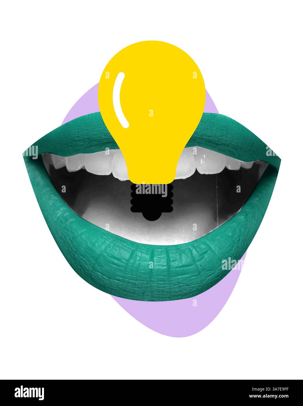 Green lips holding lightbulb, mouth as source of insight, power of ...