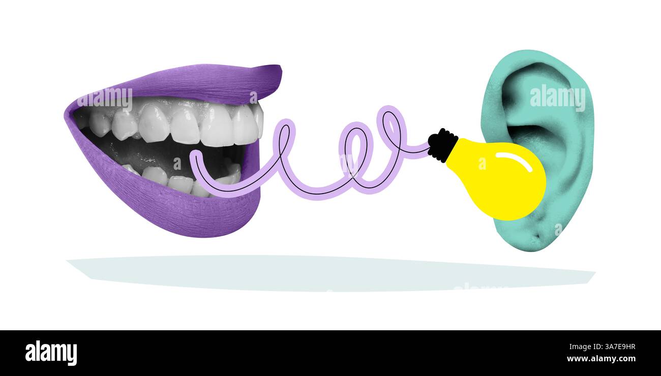 Mouth connected to ear by curly wire and lightbulb, visualizing full ...
