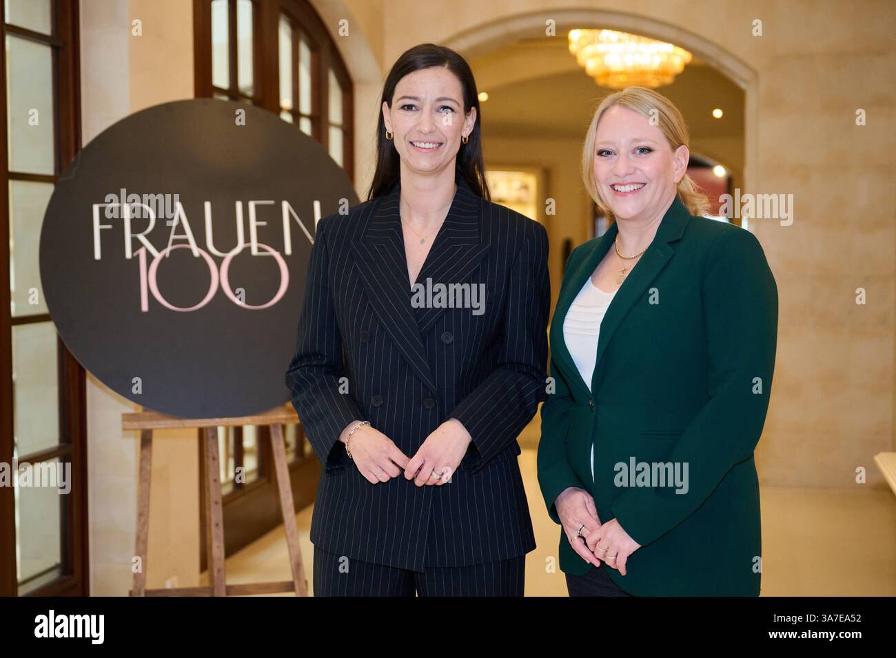 27 March 2025, Berlin: Presenters Pinar Atalay (l) and Nadine to Roxel ...
