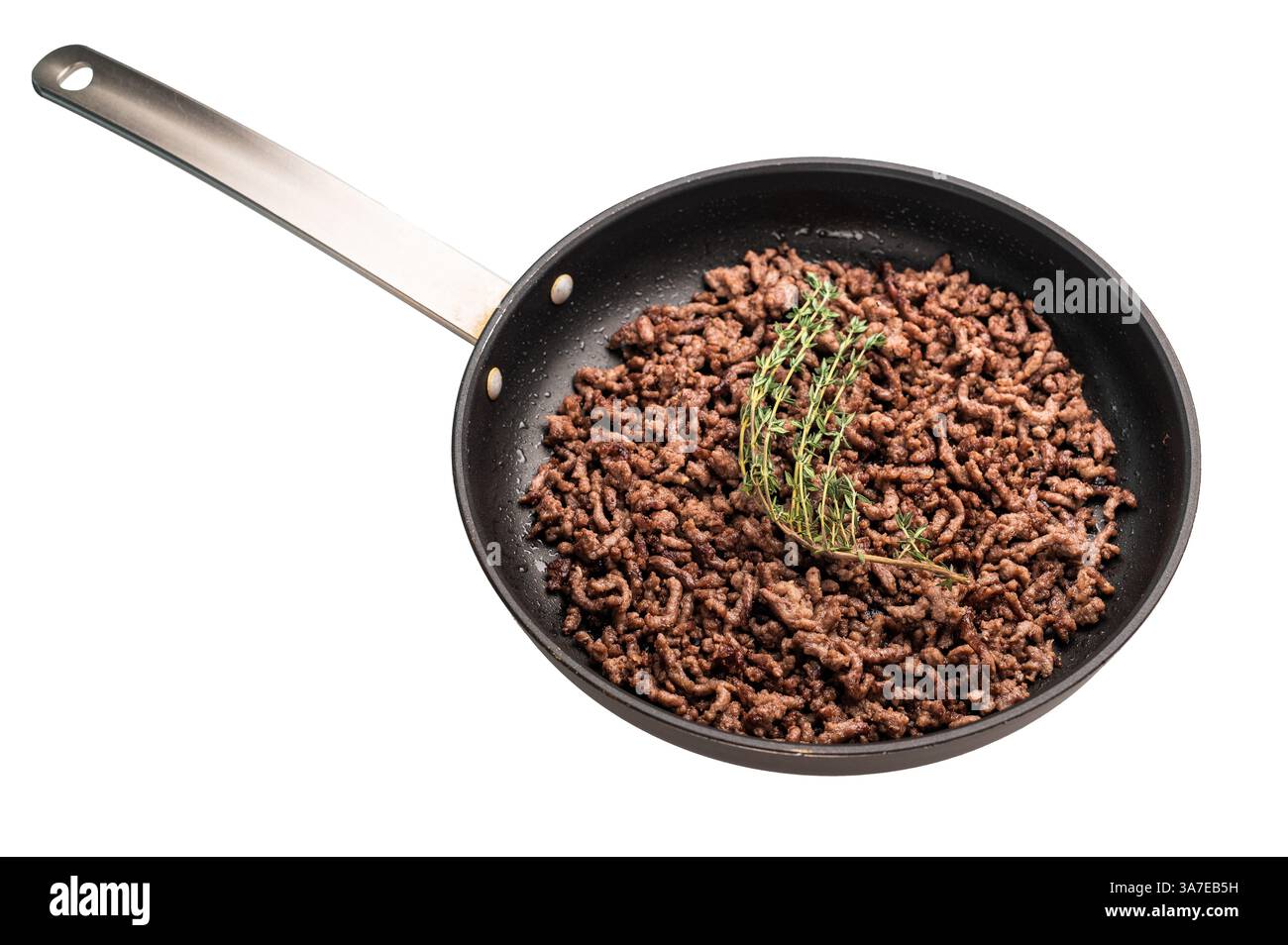 Frying Pan with fried mince beef meat, fresh cooked forcemeat isolated ...