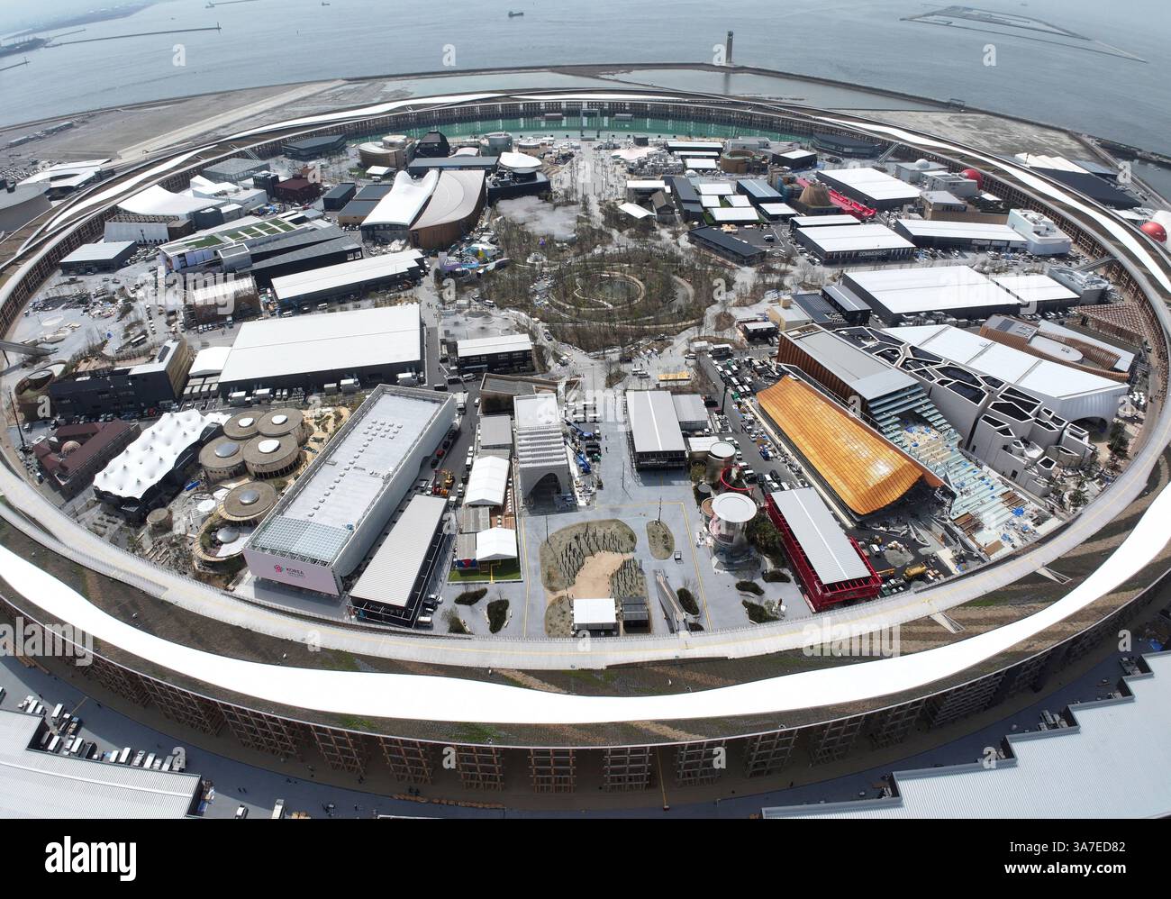 An aerial photo shows the Grand Ring and the overseas pavilion at Expo ...