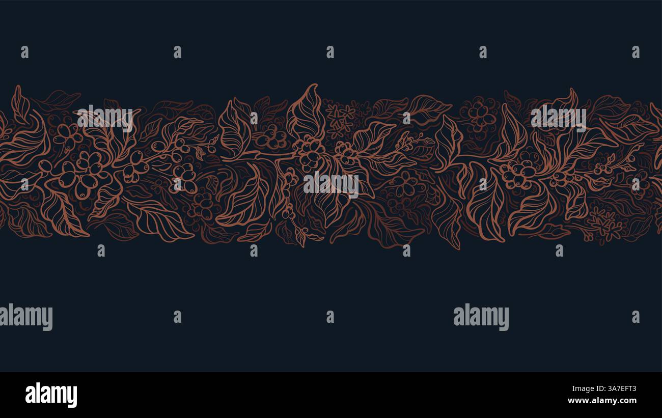 Coffee print. Vector border on black background. Art sketch of branch ...