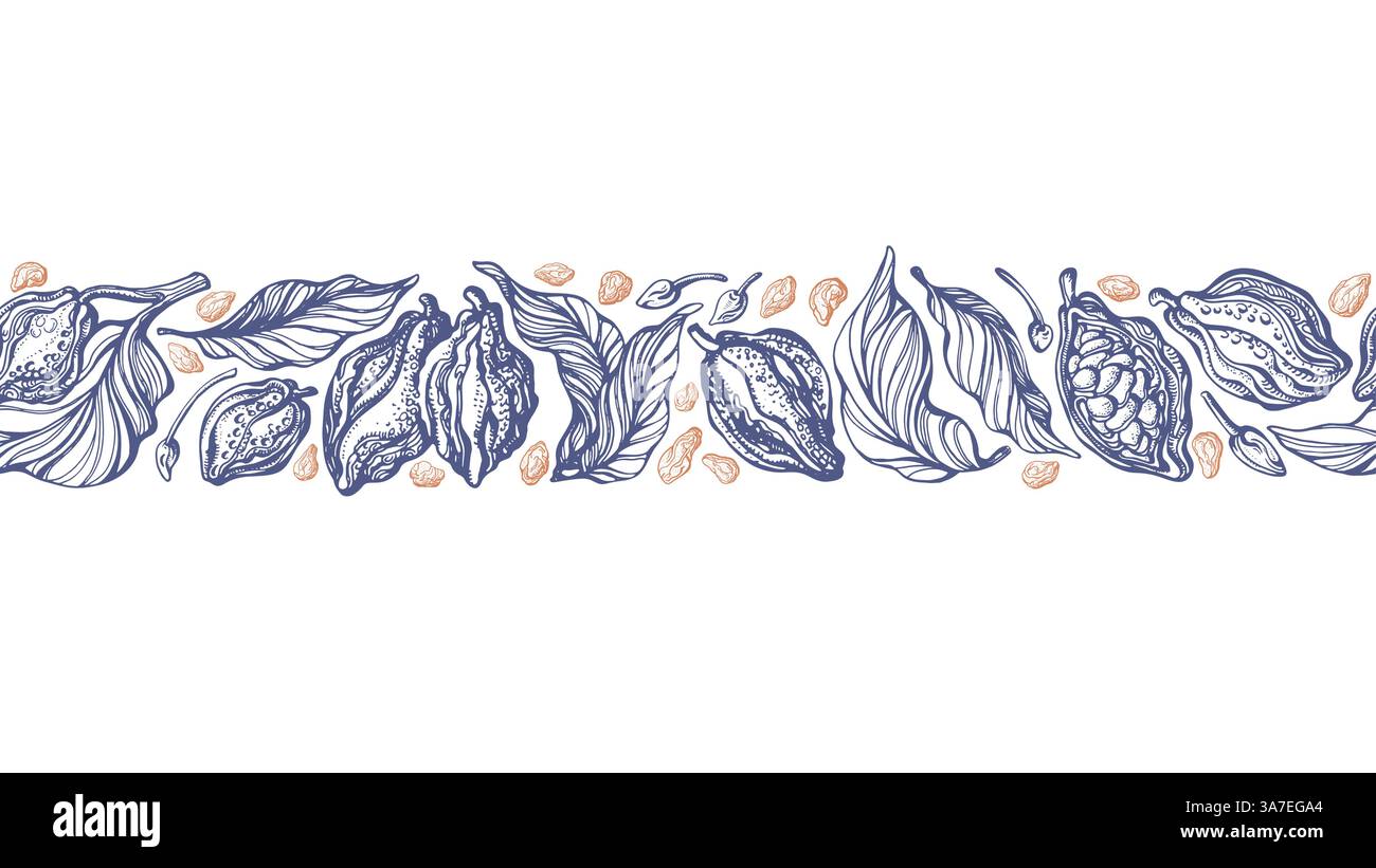 Cocoa vector border. Drawing seamless background. Bio chocolate, aroma ...