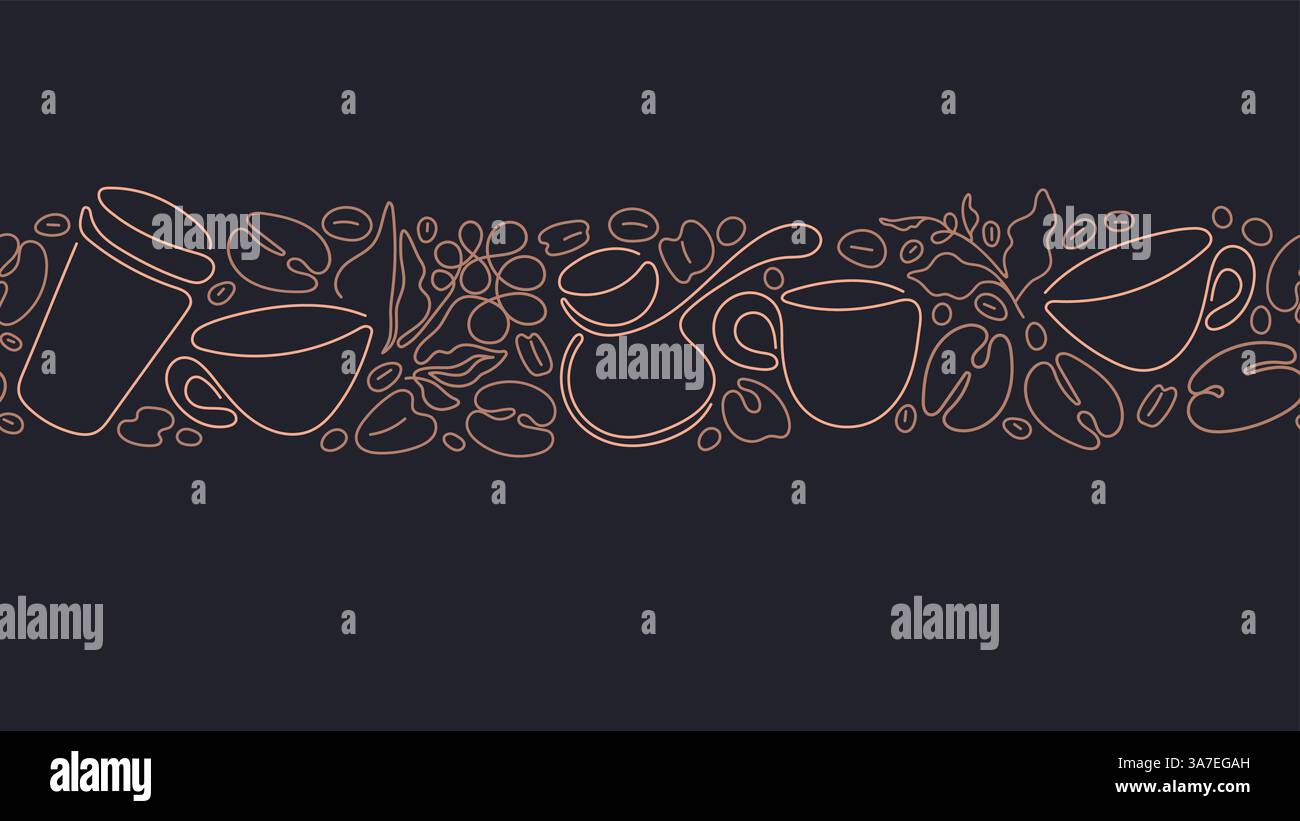 Coffee linear print. Abstract cup, beans. Vector contour seamless strip ...
