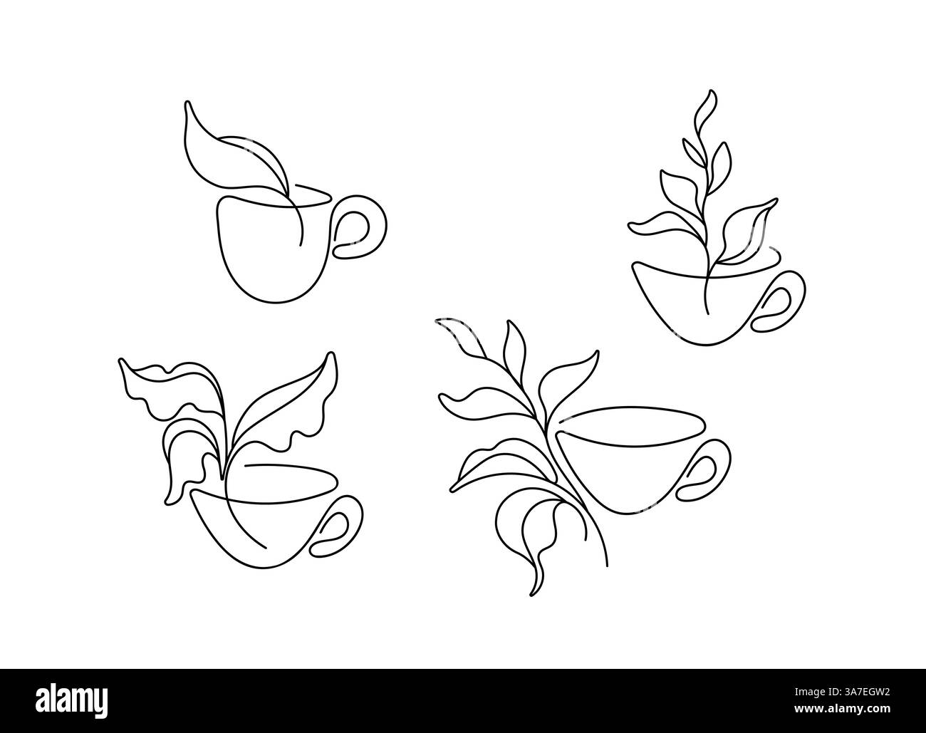Tea set. Linear abstract symbol. Natural herbal drink. Vector leaves ...