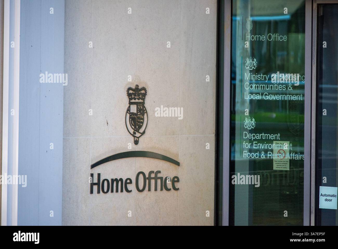 London, UK. 26th Mar, 2025. The logo of the Home Office by the entrance ...
