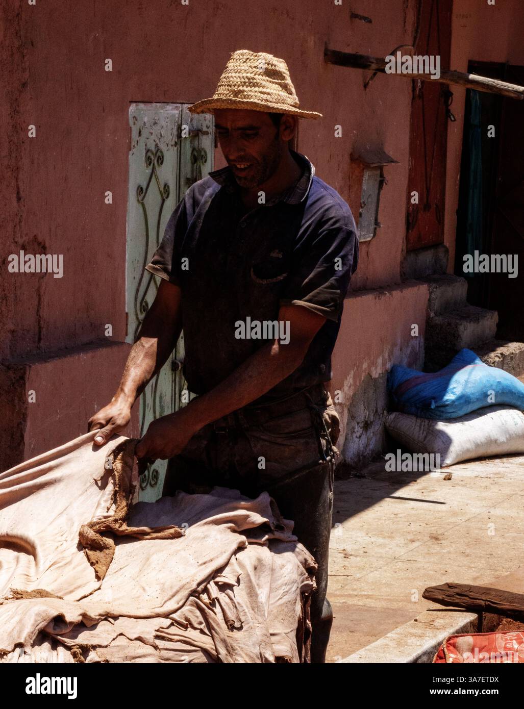 MARRAKECH, MOROCCO - MAY 20, 2024 worker preparing the skins after ...