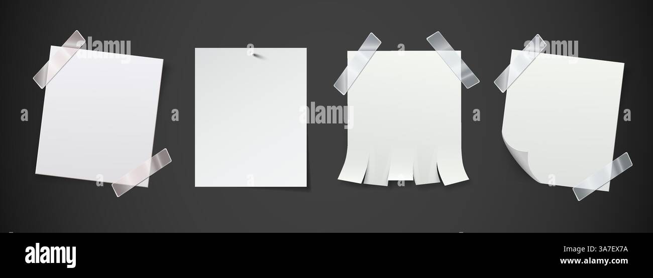 White paper notes with duct tape. Post it note. Vector illustration ...