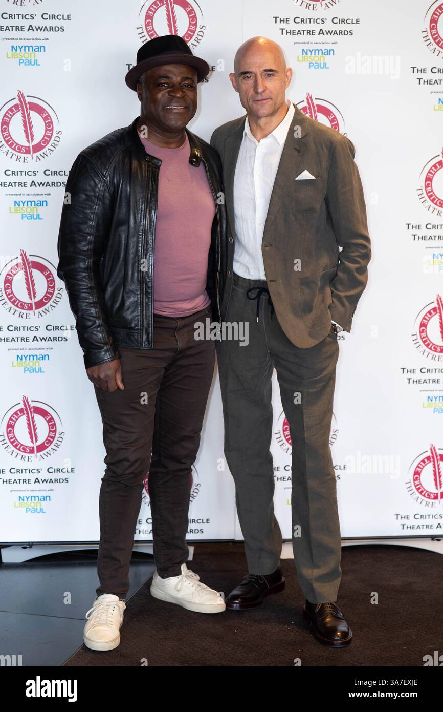 Danny Sapani (left) and Mark Strong attend the Critics' Circle Theatre ...