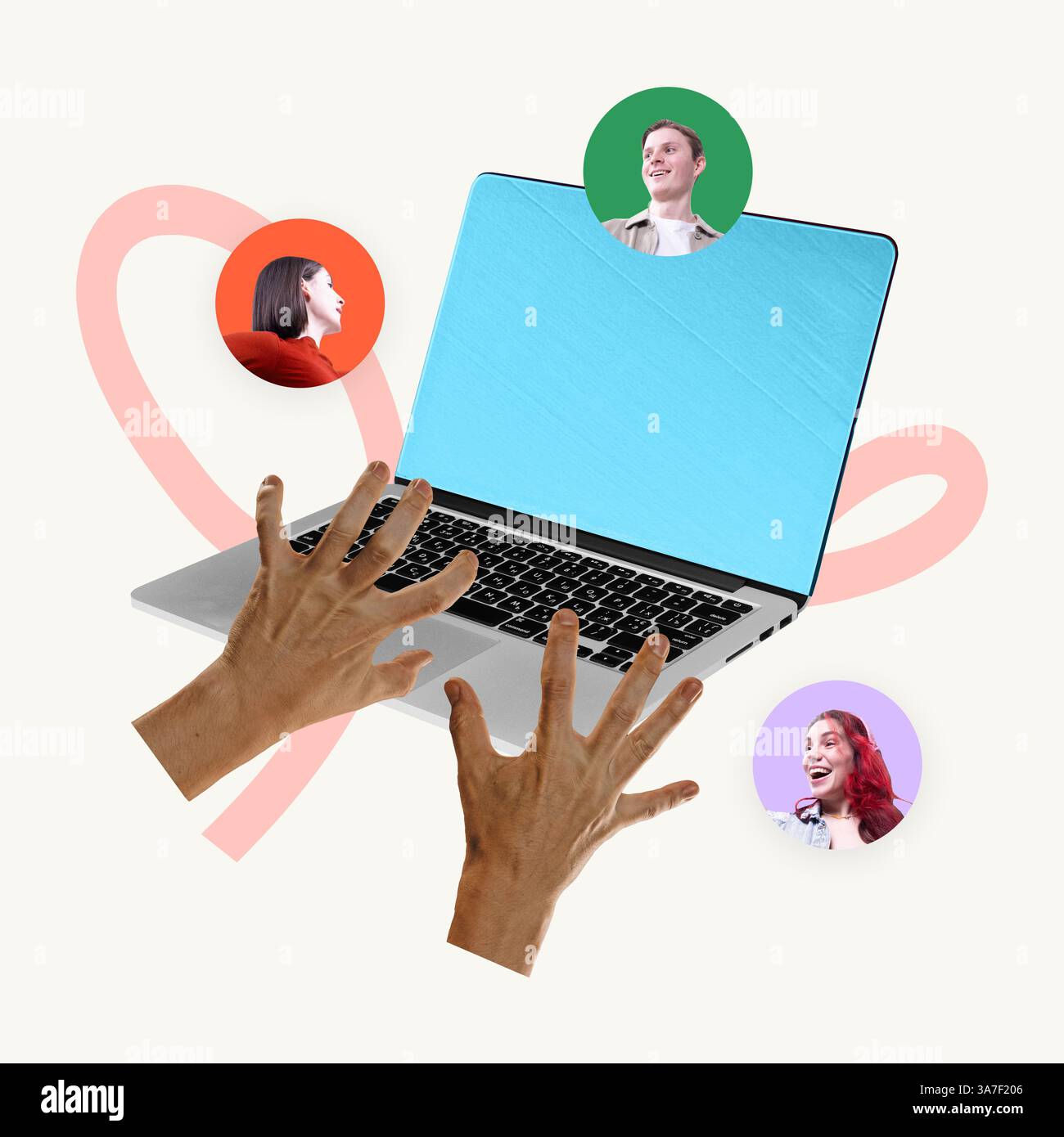 Conceptual artwork. Hands reaching toward laptop screen with floating ...