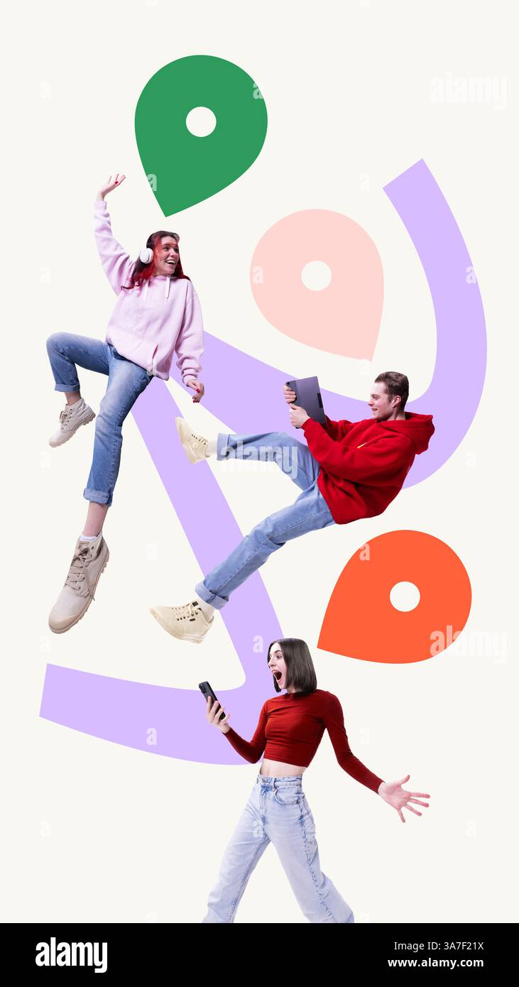 Contemporary art collage. People navigating digital space with map markers and tablets ...