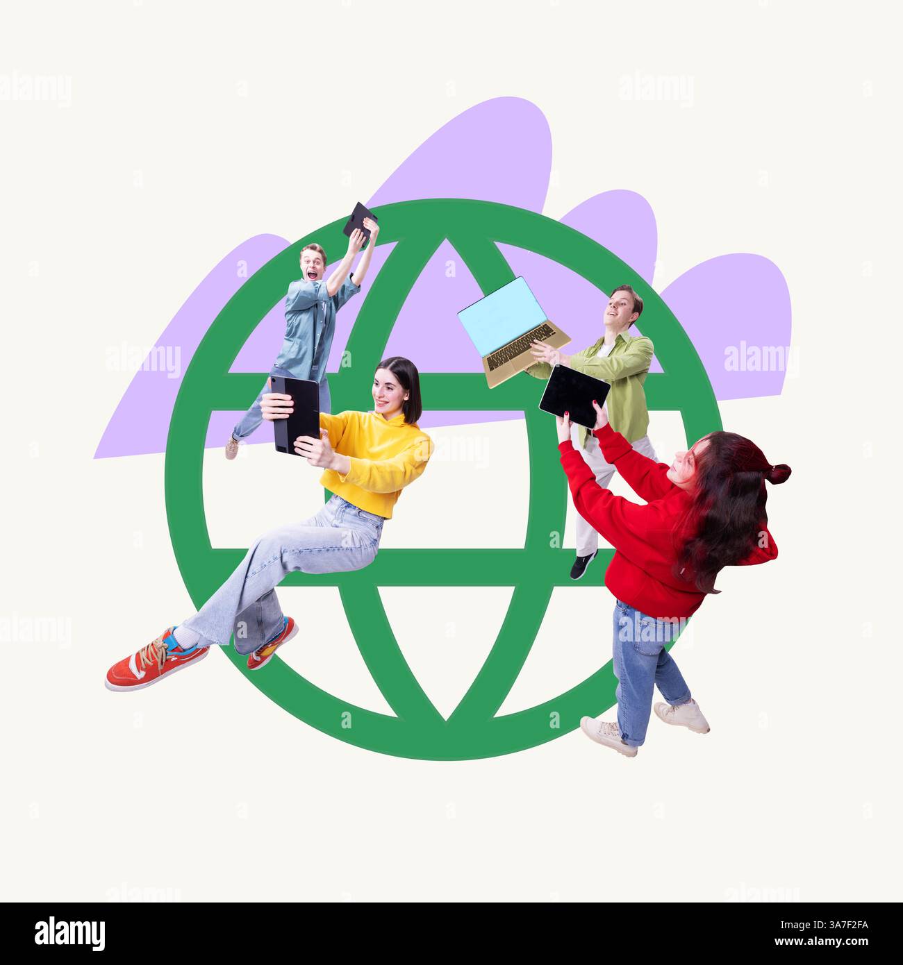 Conceptual art design. Group floating around global network symbolizing ...