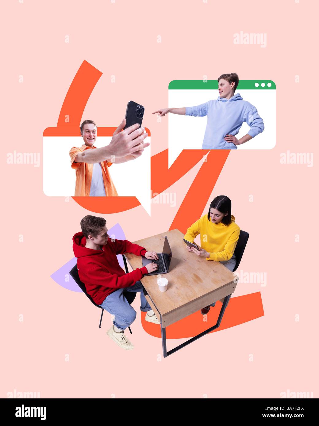 Contemporary art collage. Two seated people work while virtual ...