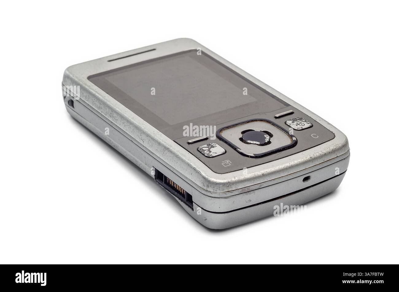 Old flip mobile phone in open position on white background for ...