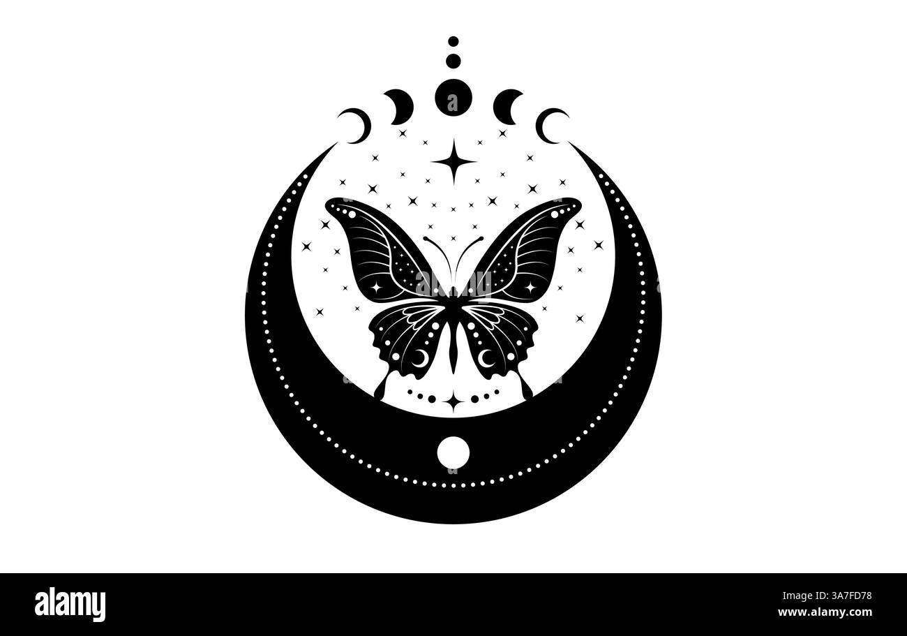 Mystical Crescent Moon and sacred butterfly with Stars Moon Phases logo ...