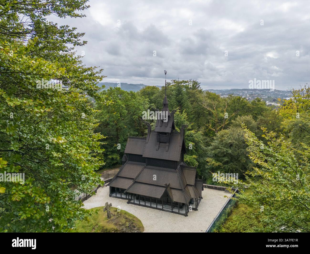 Aerial picture of Fantoft Stave Church (Stavkirke) with the city of ...
