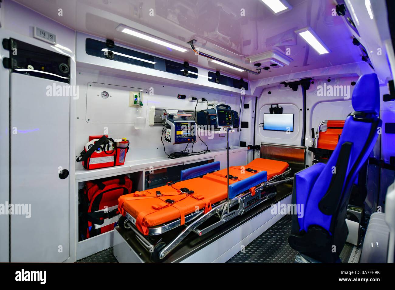 Emergency equipment and devices, Ambulance interior details Stock Photo ...
