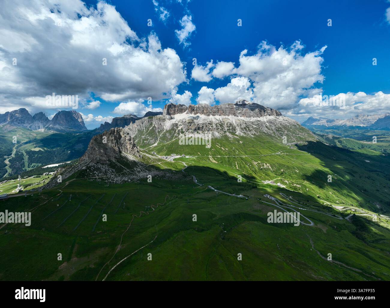Aerial Drone View of the Dolomites in Summer, Showcasing Majestic Peaks ...