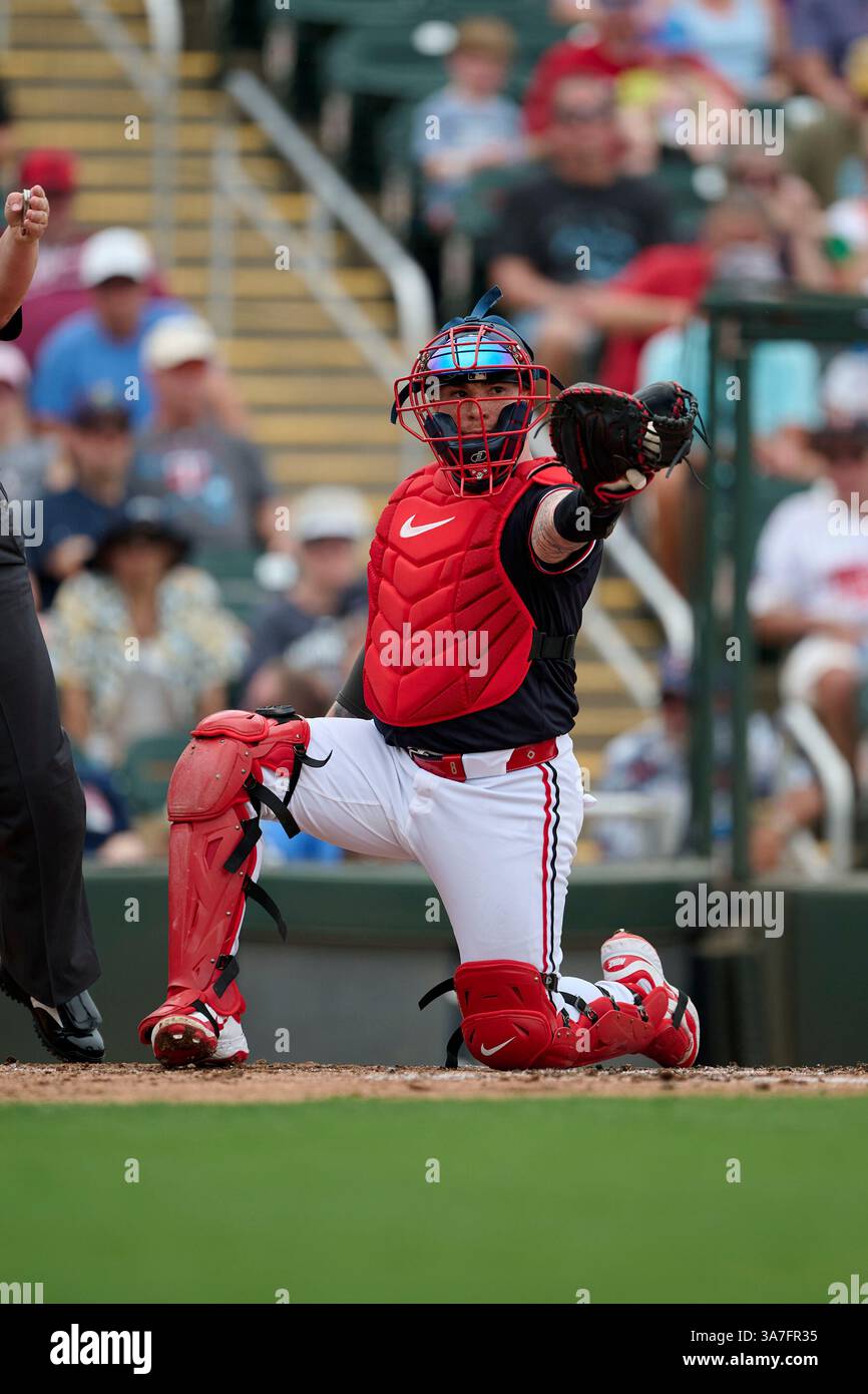 Minnesota Twins catcher Christian Vázquez (8) motions to the first base ...