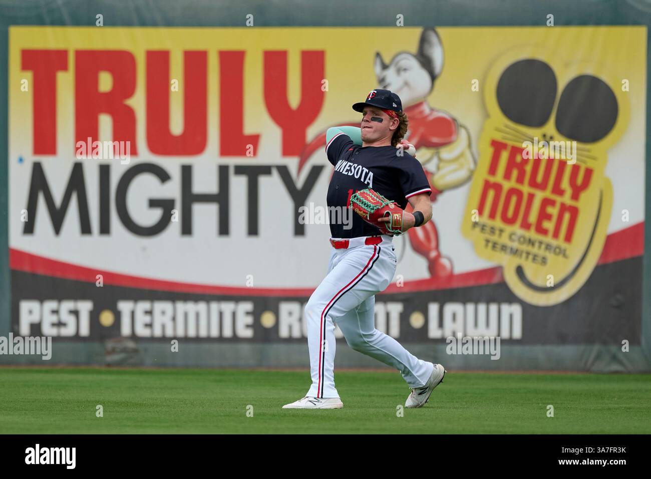 Minnesota Twins outfielder Harrison Bader (12) throws the ball in ...
