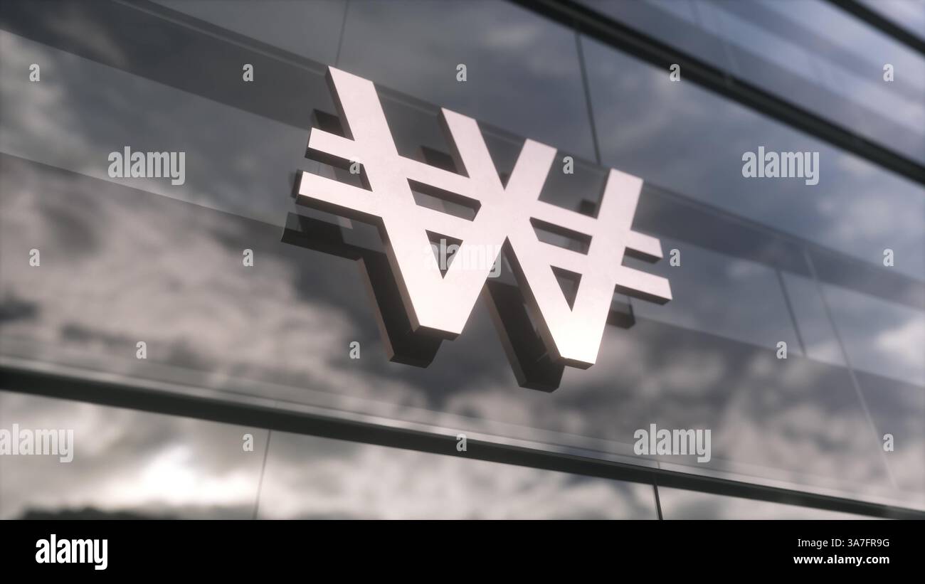 South Korean Won symbol currency sign on a modern glass skyscraper. 3d ...