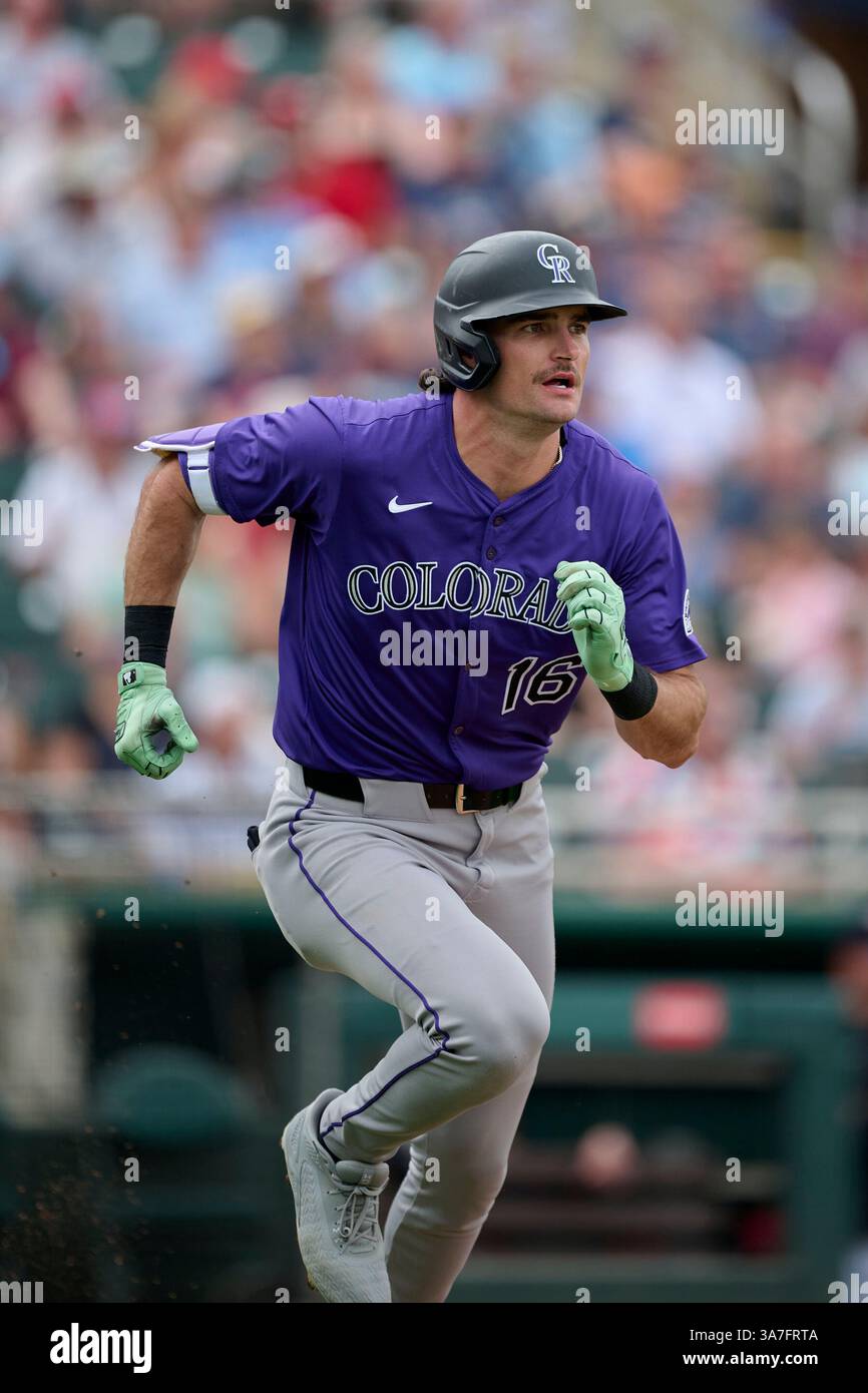 Colorado Rockies Sam Hilliard (16) runs to first base during an MLB ...